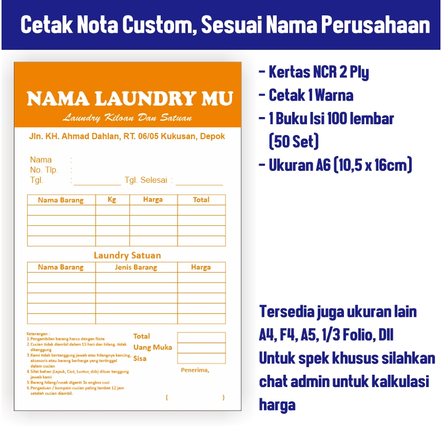 Jual Cetak nota / invoice ukuran a6 custom design 2 ply nota bengkel ...