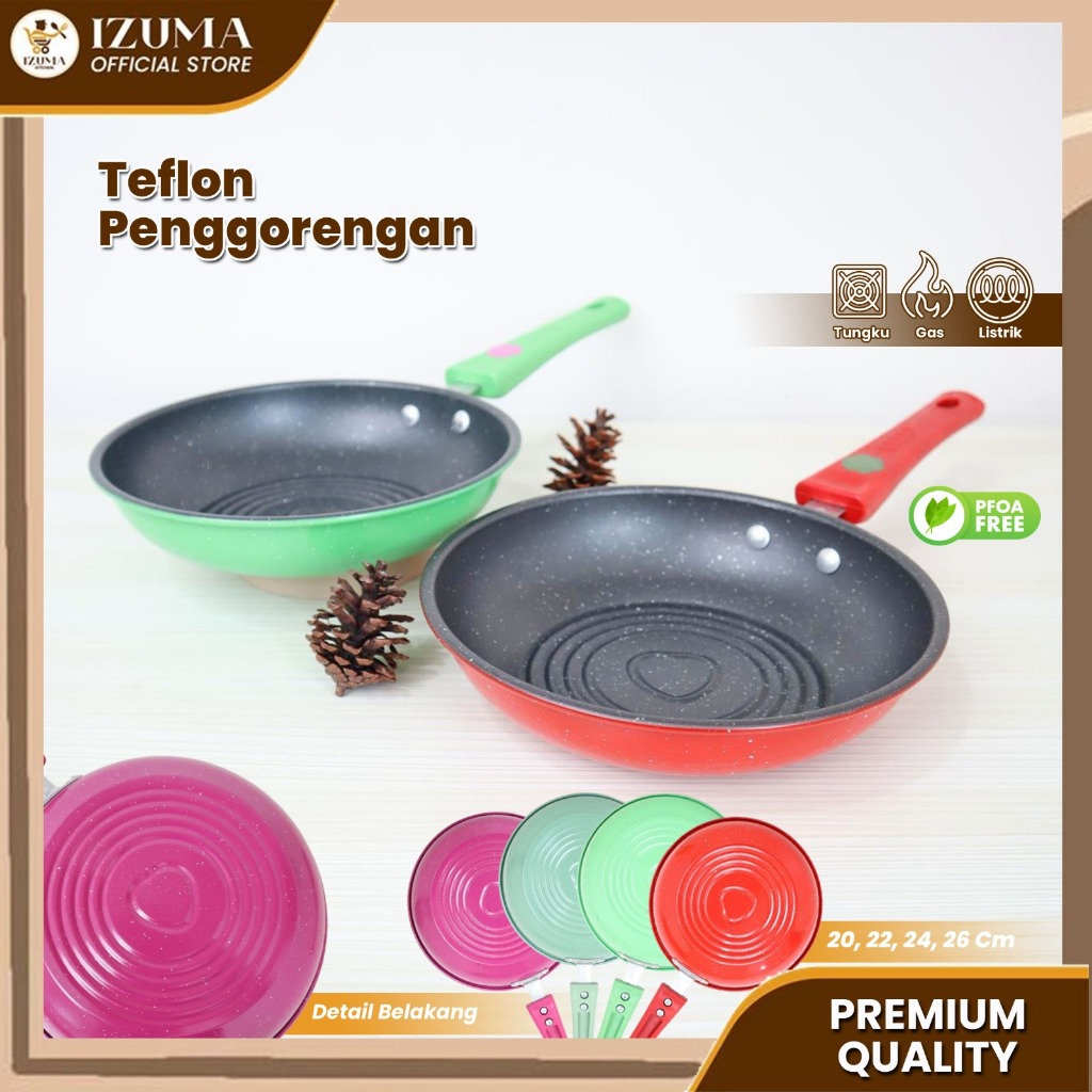 Jual IZUMA Teflon Bulat Warna 20cm 22cm 24cm 26cm Frypan Anti Lengket Gagang Tahan panas ...
