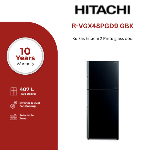 Jual HITACHI Kulkas 2 Pintu Inverter Glass Black 395 L R-VGX48PGD9 | Shopee Indonesia