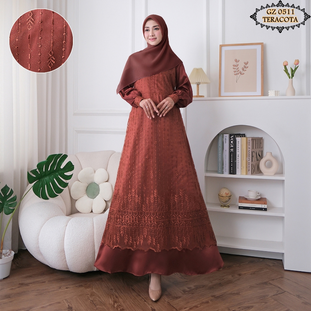 Jual Gamis Brukat Tile GZ0511 Teracota/ Gamis Kondangan/ Gamis Pesta ...