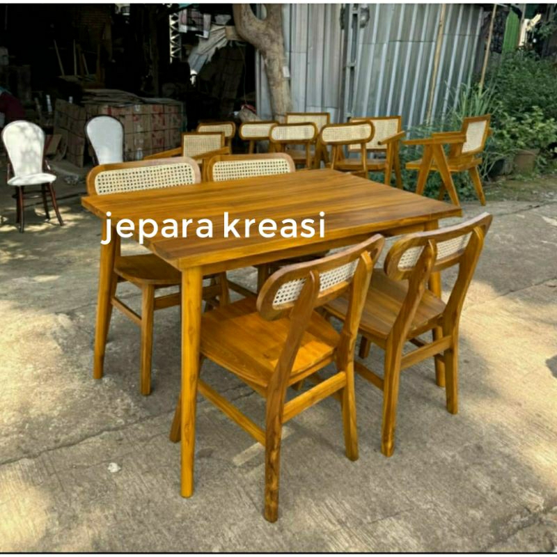 Jual meja makan 4 kursi kayu jati minimalis rotan, meja makan kayu jati 4 kursi rotan minimalis ...