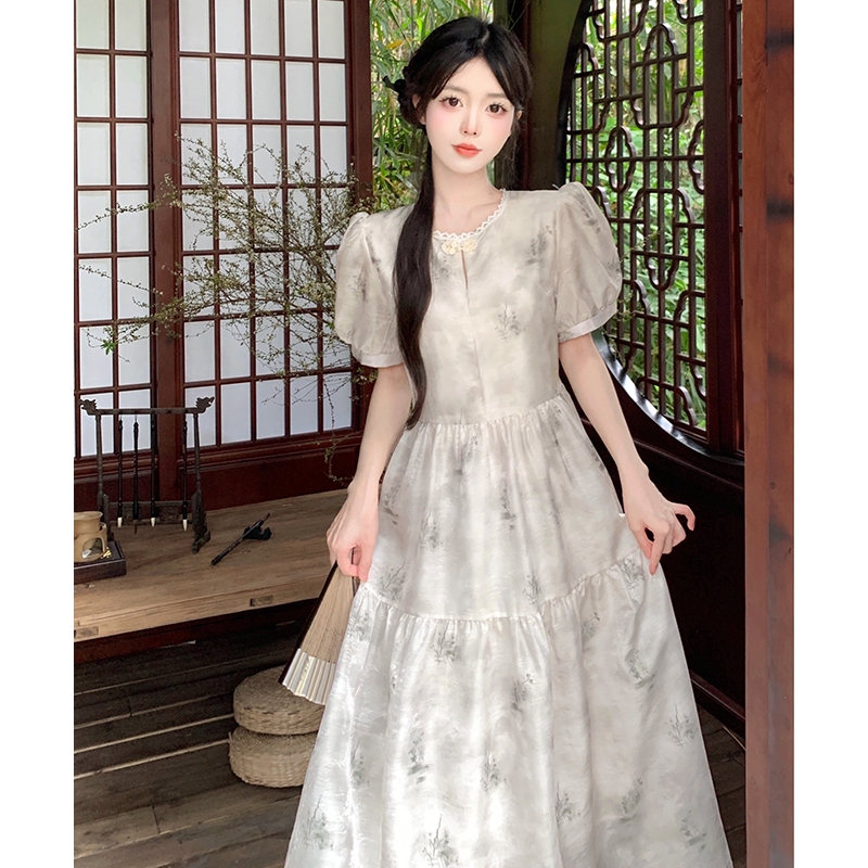 Jual Gaun A-line lengan gelembung renda bunga rok wanita pendek Gesper ...