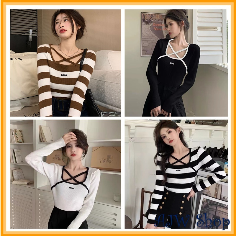 Jual AJW Atasan Wanita Boat Neck Long Sleeve Strap Front Knit Import XCK | Pakaian Wanita ...