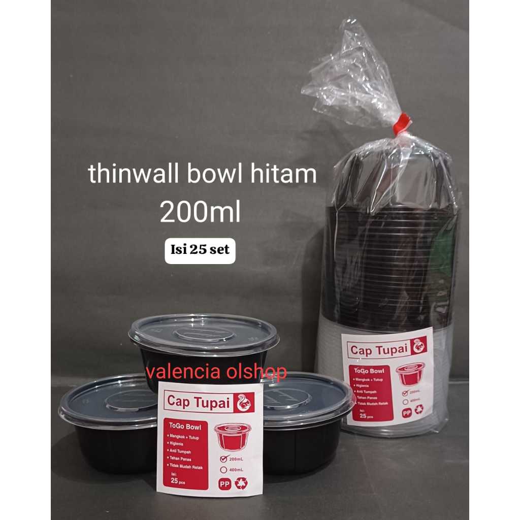 Jual Thinwall Round Bowl HITAM 200ml & 400ml+ Tutup (isi 25 pcs) | Shopee Indonesia