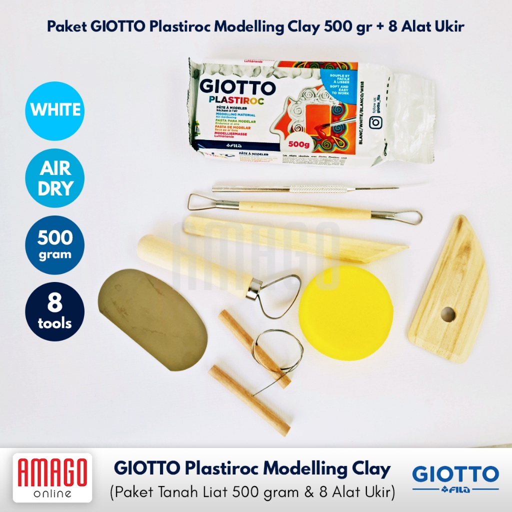 Jual Paket Murah - 1 GIOTTO Plastiroc Modelling Clay 500 gr Putih + 8 bh POTTERY Clay Tools Set ...