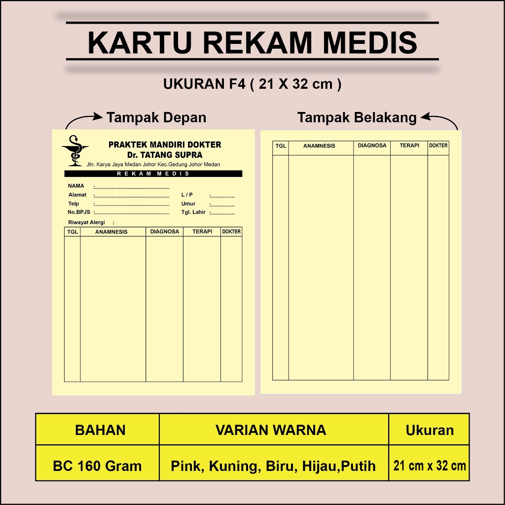 Jual Kartu Rekam Medis / Medical Record Card / Ukuran F4 FOLIO ( 1PAK ...