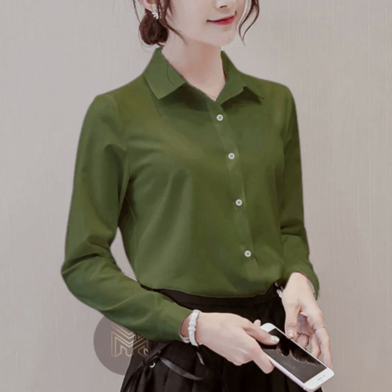 Jual Kemeja Wanita Katun Basic Lengan Panjang Kasual Hitam Putih Navy Army Pink Atasan Wanita ...