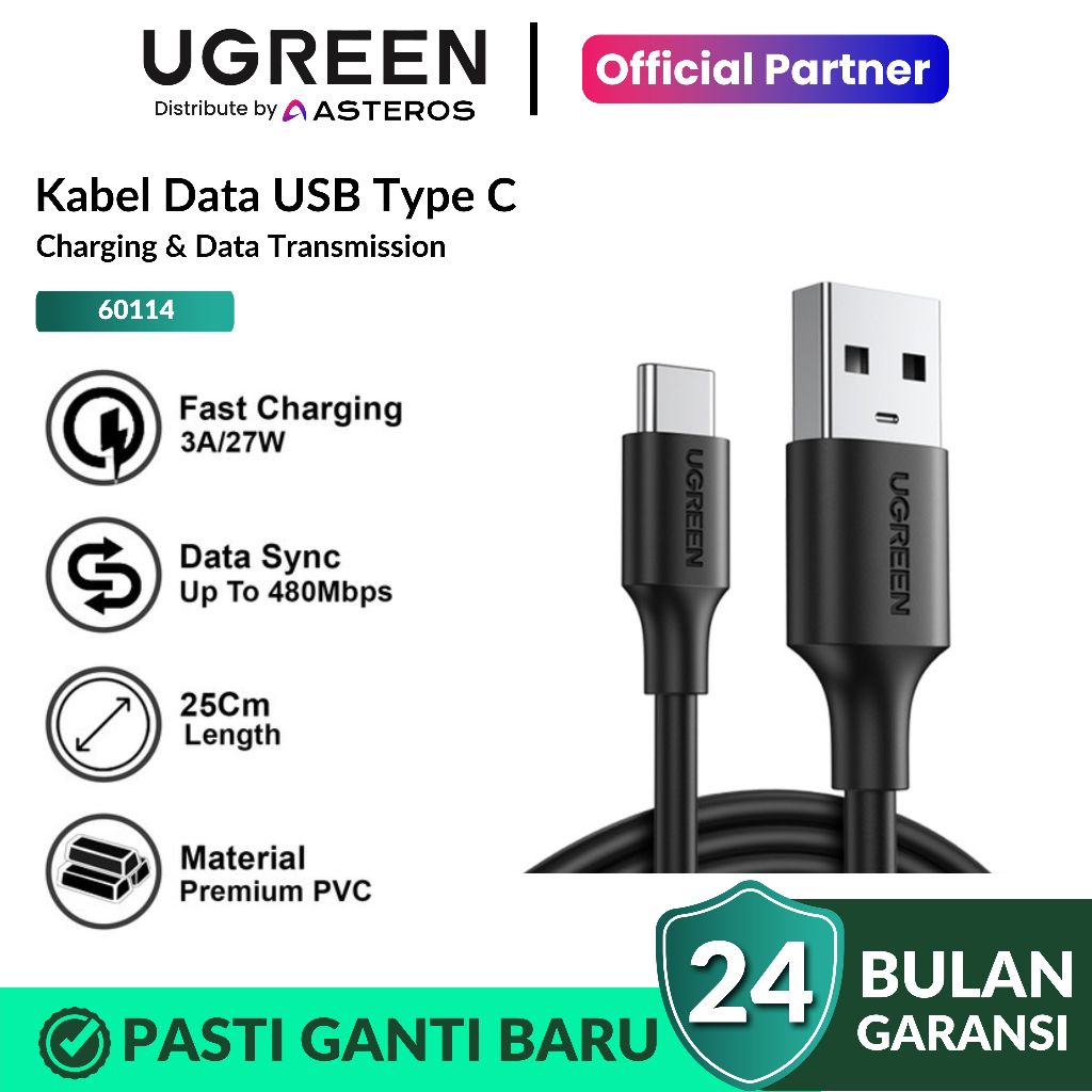 Jual UGREEN Kabel Data Charger USB TYPE C 3A 2M dan 25cm 60118 60114 ...