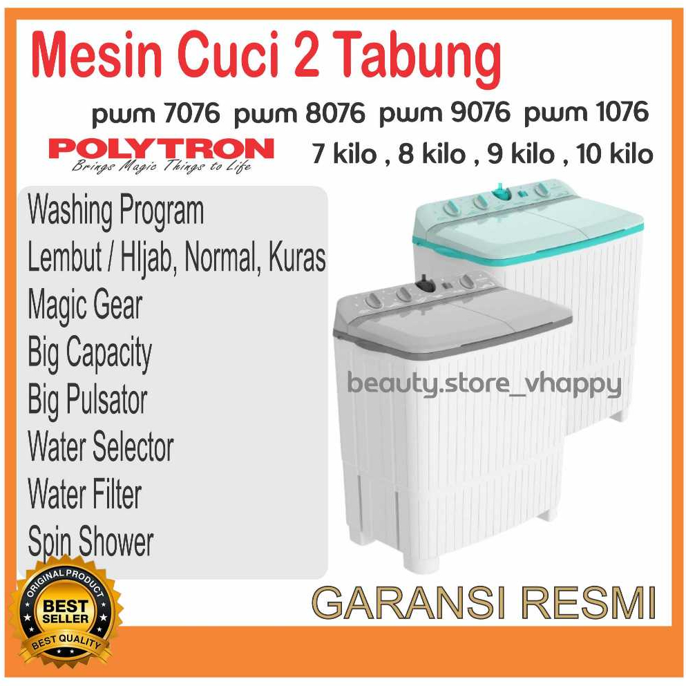 Jual MESIN CUCI 2 TABUNG POLYTRON 7kg, 8kg, 9kg , 10 kg PWM 7076, PWM 8076, PWM 9076 Khusus Luar ...