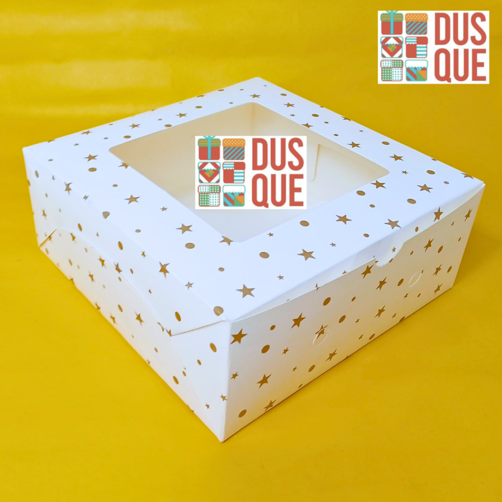 Jual Dus Kotak Kue Ivory Motif 20x20x8cm Motif Polkadot Bintang Emas ...