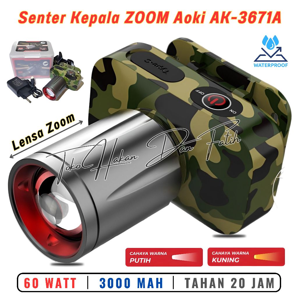 Jual Senter Kepala Zoom In Out Aoki Led 3 Mode Cahaya Super Terang 60 watt Senter Kepala LED ...