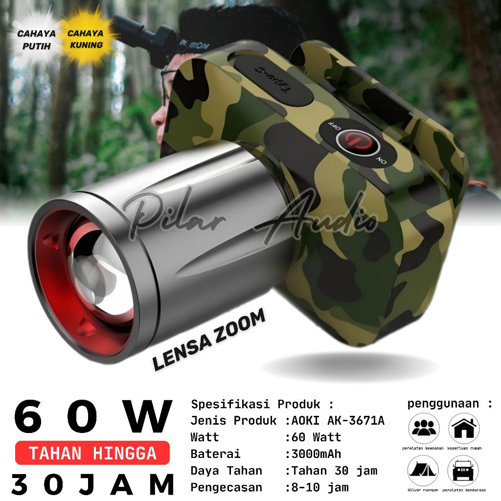Jual Senter Kepala Zoom Laser AOKI AK-3671A Jarak Jauh LED 3 Mode Cahaya | Rechargeable Cahaya ...