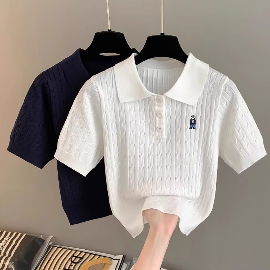 Jual 【boll.id】Kaos Rajut Wanita/Kaos Rajut Wanita Lengan Pendek/Polo ...