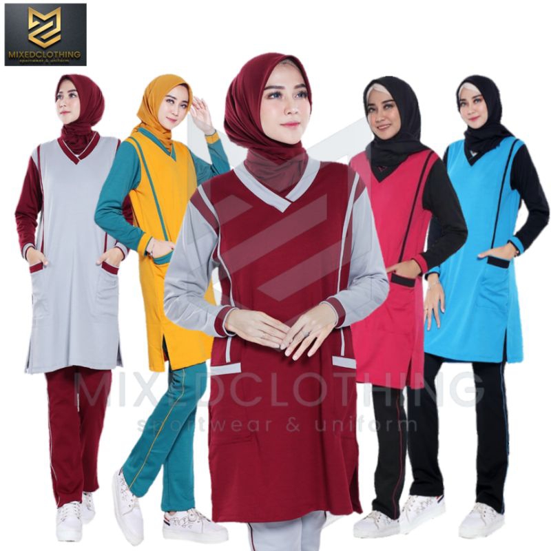 Jual 1 set setelan olahraga muslimah tunik wanita/setelan senam muslim ...