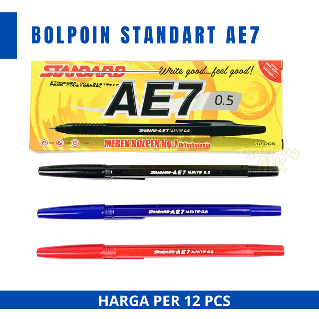 Jual (12 Pcs) Bulpen Pen Ballpoint Standart AE7 Hitam Merah Biru ...