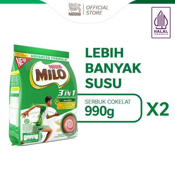 Jual MILO 3in1 ACTIV-GO Susu Coklat Pouch 990 Gr x 2pcs | Shopee Indonesia