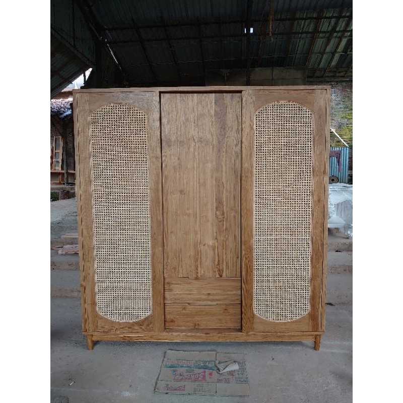 Jual Almari Pakaian 3 Pintu Kombinasi Rotan Minimalis Aestetik Full ...