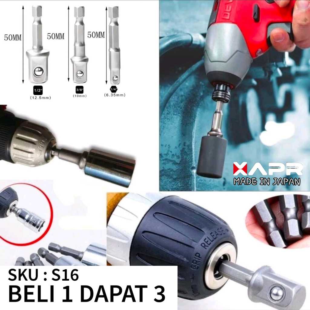 Jual Adaptor Hex ke Sock Pengubah Bor Jadi Impact Wrench 1/4 inch 3/8 1 ...