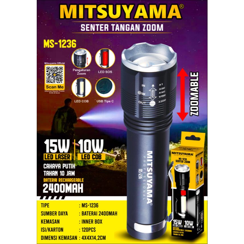 Jual Senter Zoom Super Terang 15W 15 Watt Led Laser 10 Watt Led COB Mitsuyama MS-1236 | Shopee ...