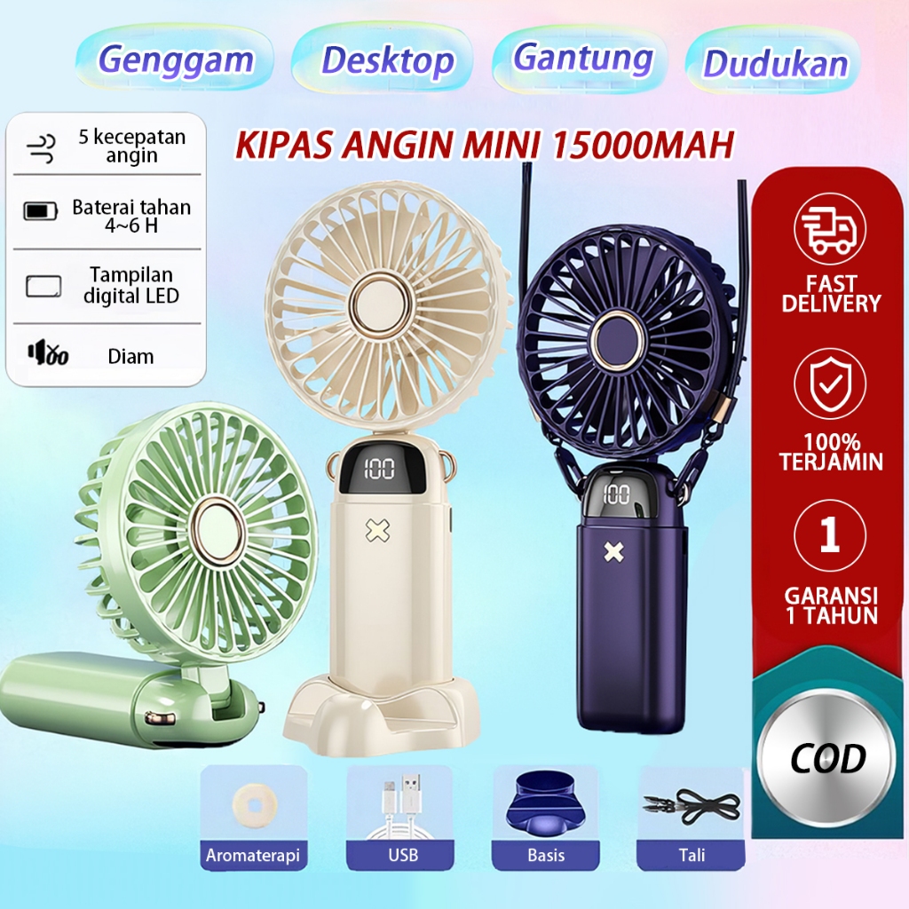 Jual 2025 Kipas Angin Portabel Lipat Mini usb 15000mah 5-Speed Wind/ Kipas Genggam Portabel LED ...