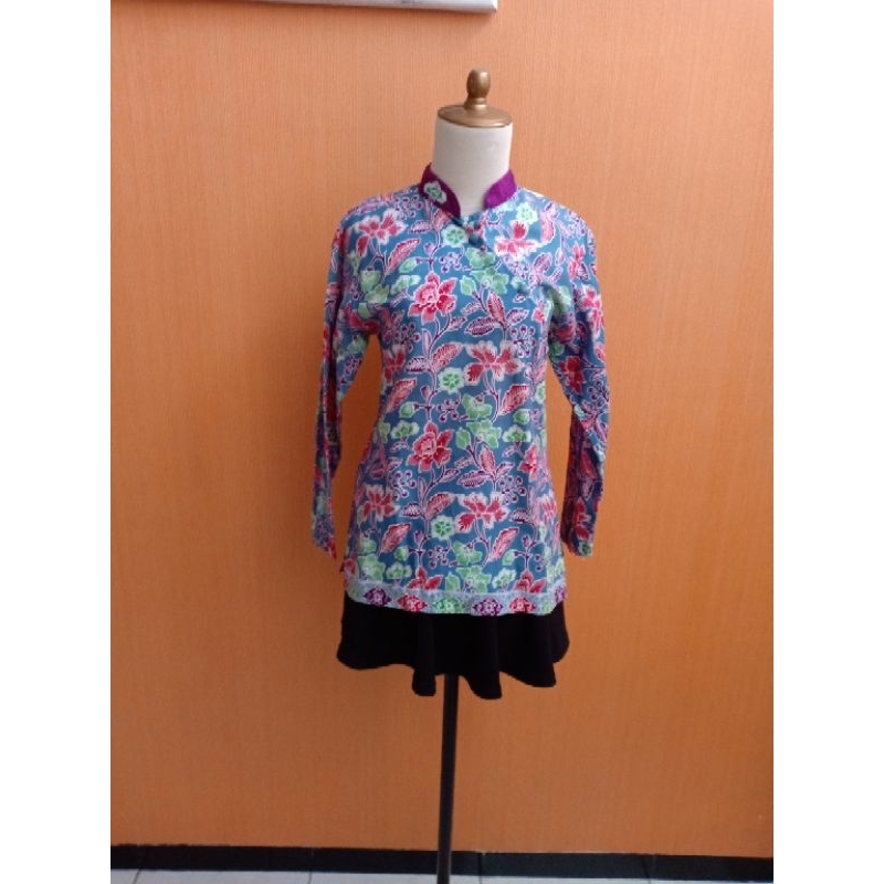 Jual atasan wanita cheongsam biru muda motif bunga M cewek lengan ...