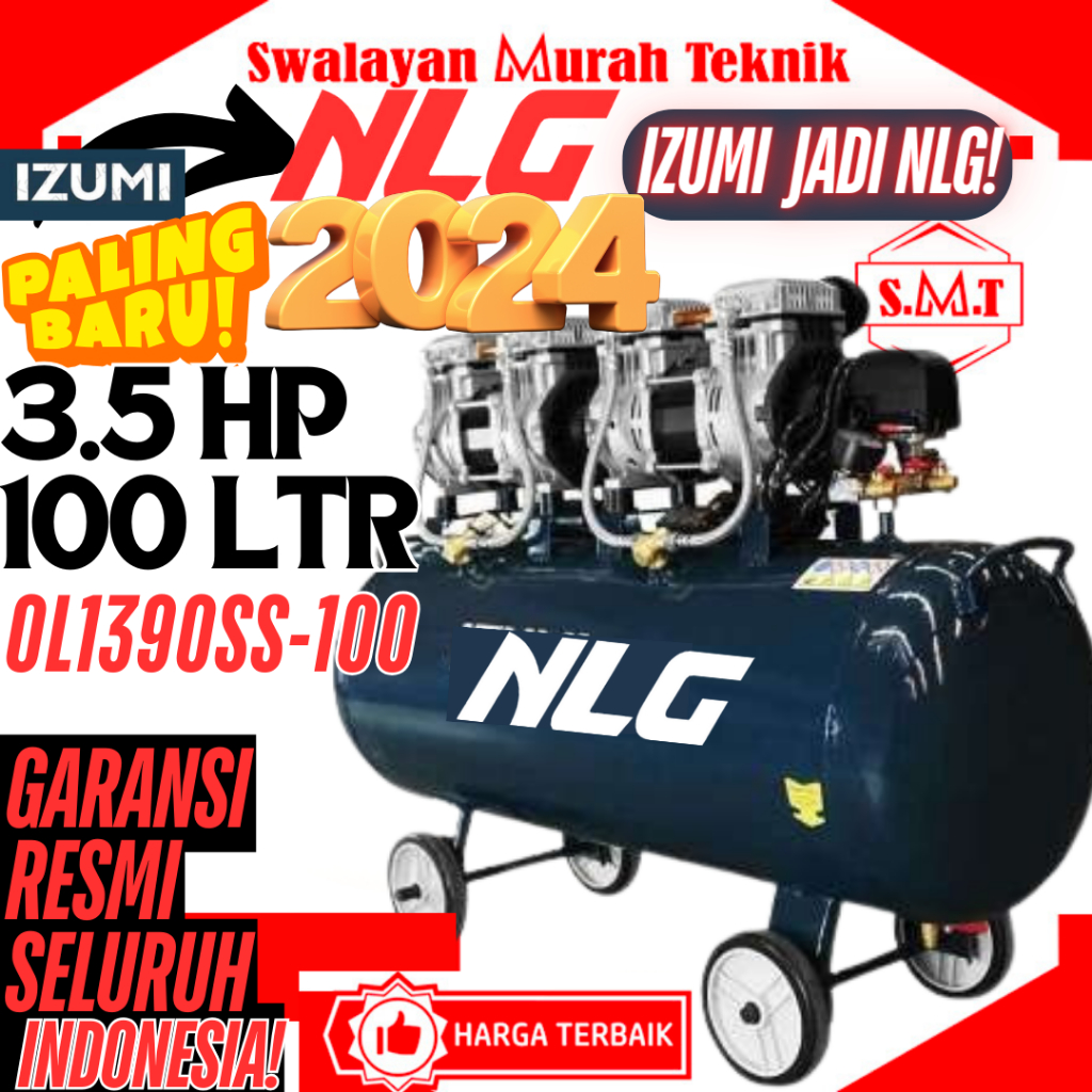 Jual IZUMI OL1390SS-100L by NLG Kompresor Angin Oiless Silent 3,5 HP ...