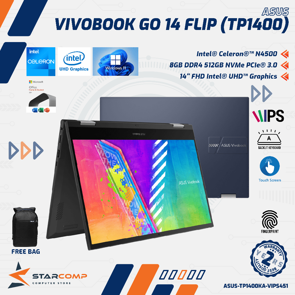 Jual ASUS VivoBook Go 14 Flip TP1400KA N4500 8GB 512GB 14" FHD IPS ...