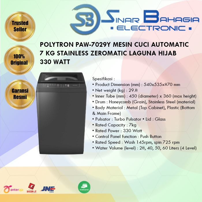 Jual POLYTRON PAW-7029Y MESIN CUCI AUTOMATIC 7 KG STAINLESS ZEROMATIC ...