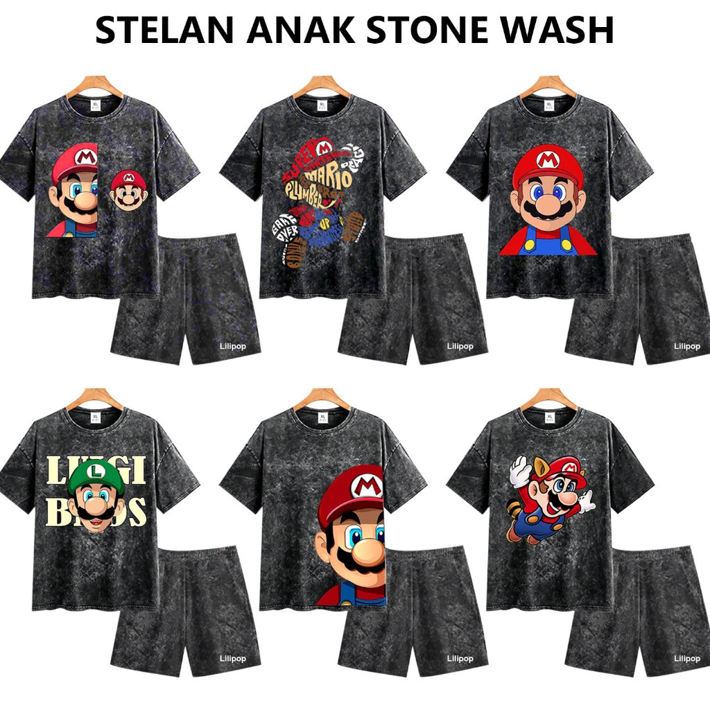Jual Stelan Wash Anak Unisex Super Mario/Luigi One set Anak Stone Wash ...