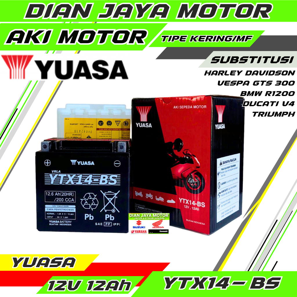 Jual Yuasa YTX14-BS 12 Ampere Aki Moge Harley Davidson Vespa GTS 300 ...
