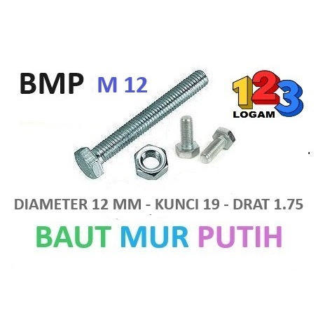 Jual BMP M12x120 mm Baut Mur Putih, Kunci 19 Hexagon - Drat P1.75 | Shopee Indonesia