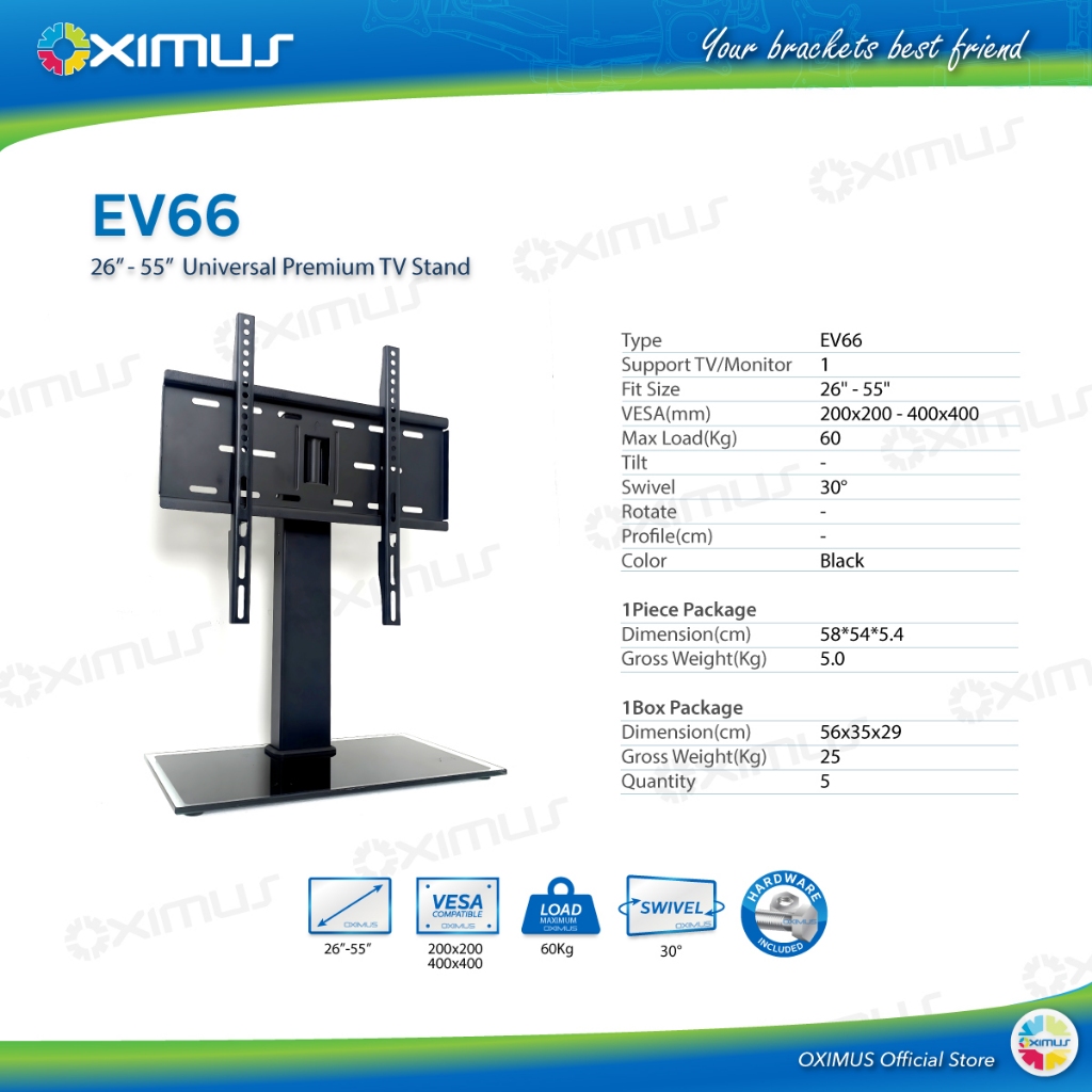 Jual Universal Premium TV Stand Glass Base Swivel Height Adjustment 26 ...