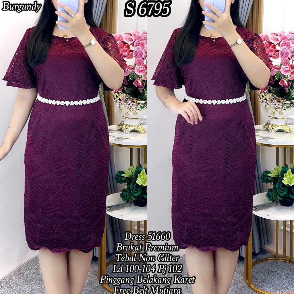 Jual S 6795 #Dress Brokat Span Daun FREE Belt Full Midi Span Simple ...