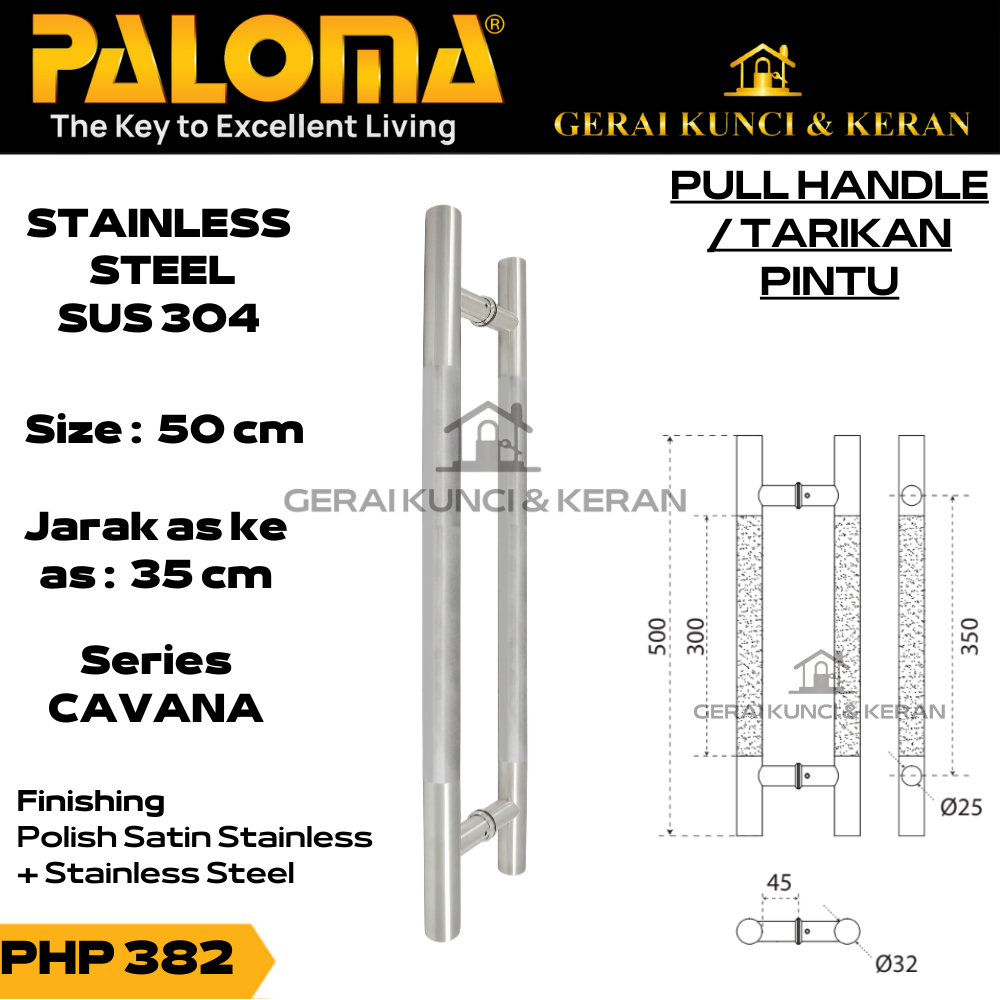 Jual Paloma PHP 382 Pull Handle Tarikan Gagang Pintu N-Cavana 500 MM ...