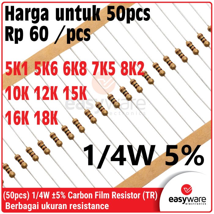 Jual 50x Carbon Film Resistor 1/4W 5% 0.25W 5K1 5K6 6K8 7K5 8K2 10K 12K 15K 16K 18K 10K Ohm ...