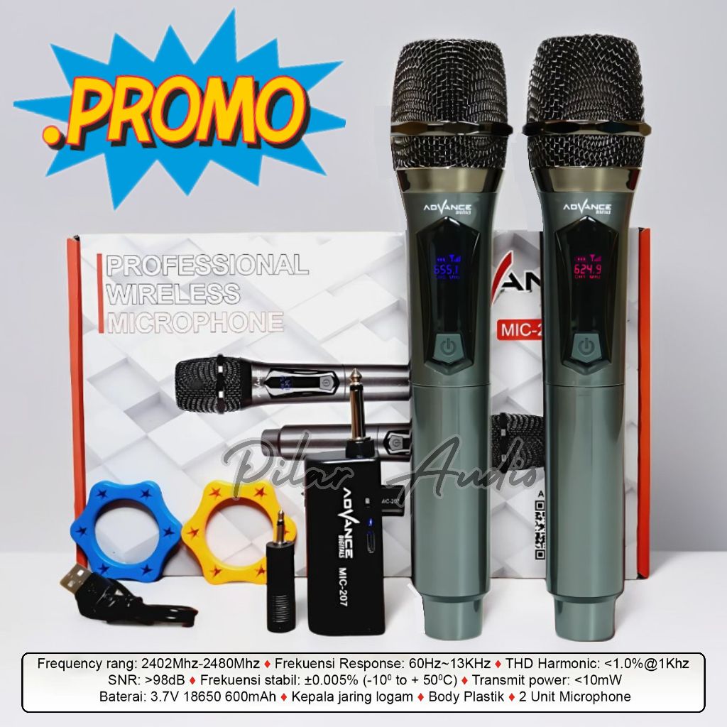 Jual Advance MIC-207 Profesional 2 Mic Wireless Microphone Karoke Mic ...