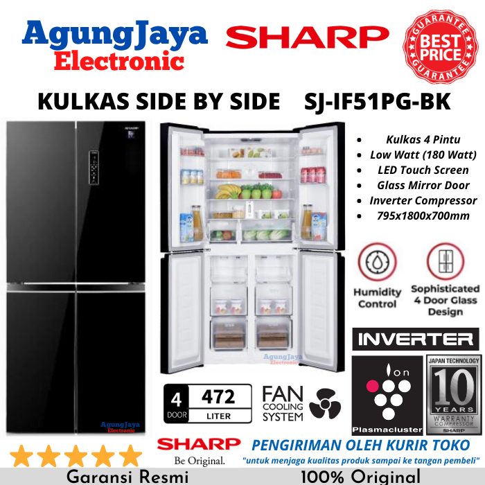 Jual KULKAS SHARP SJ-IF51PG-BK SIDE BY SIDE 4 PINTU PLASMACLUSTER INVERTER GLASS DOOR 472 LITER ...