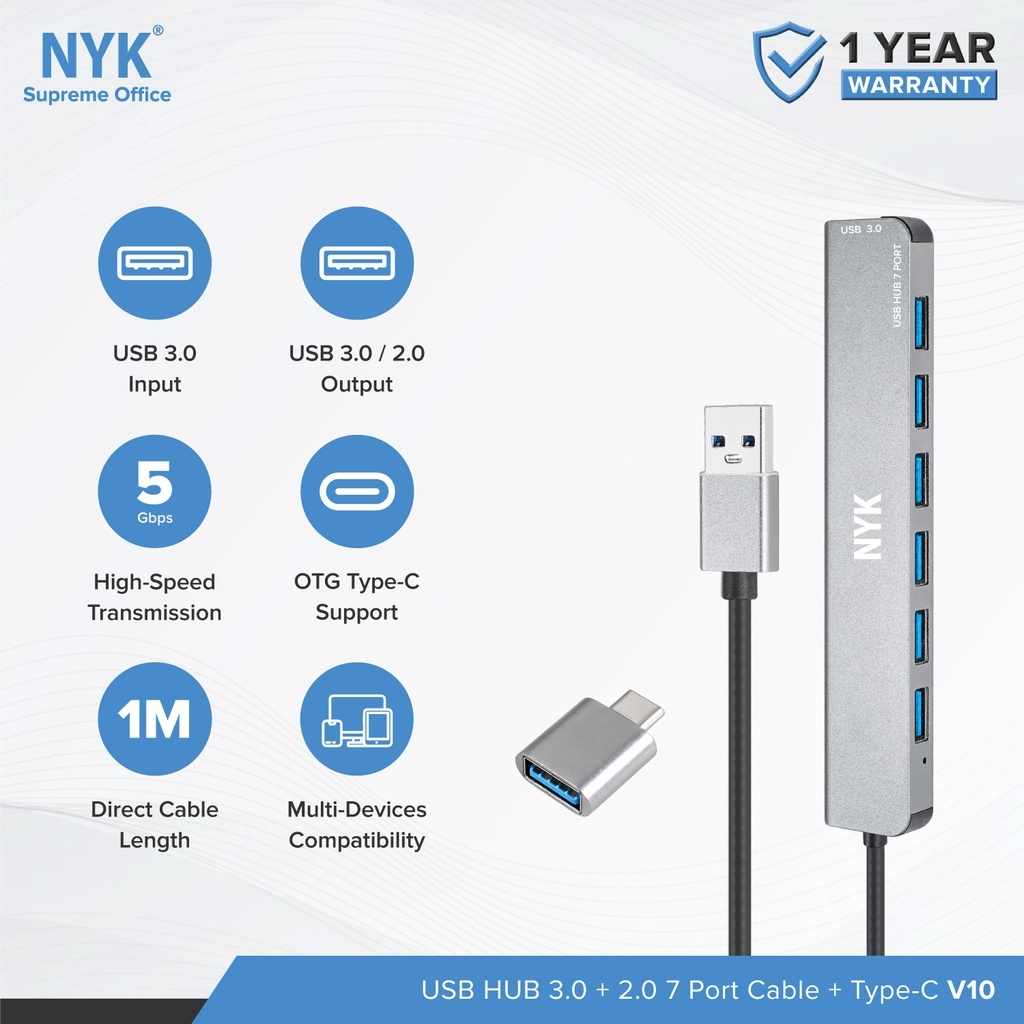 Jual Kabel USB HUB 3.0 NYK 7 Port Cable 1M FREE OTG USB to Type C ...