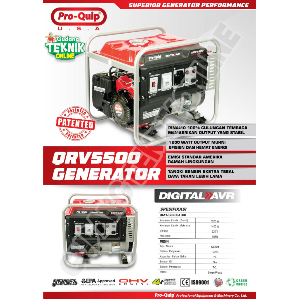 Jual PROQUIP Genset PROQUIP QRV5500 1400Watt QRV5500XP 4Tak AVR ...