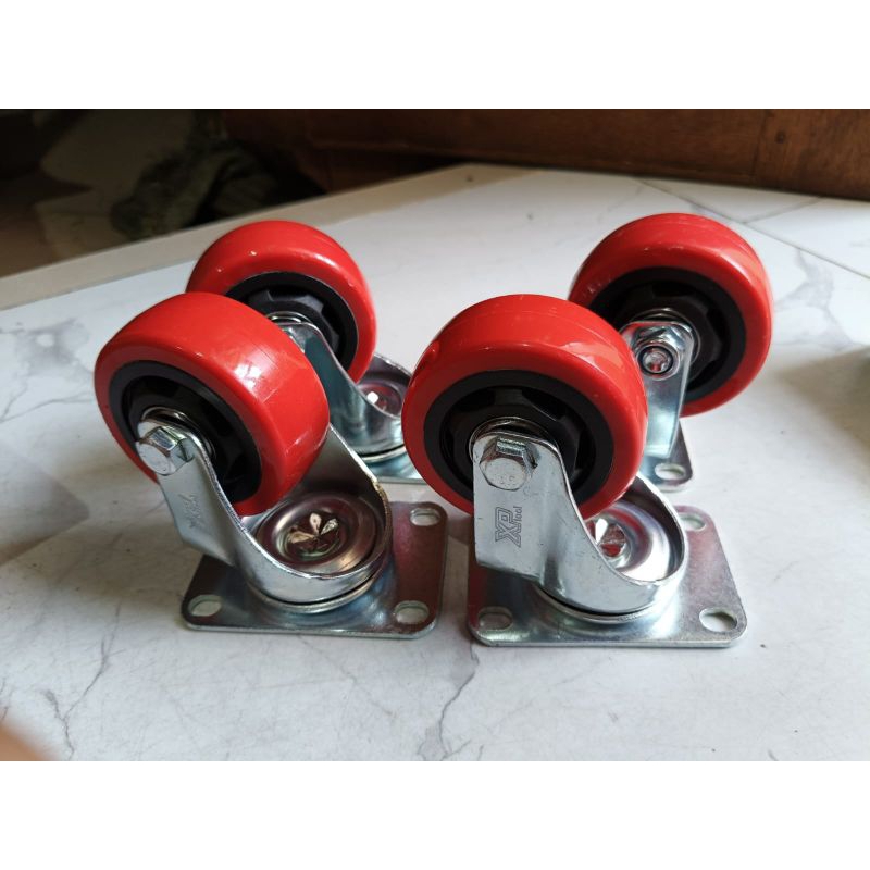 Jual Roda merah PU 3 inchi Rem Hidup 1set 4 pcs roda lori kuat bagus ...
