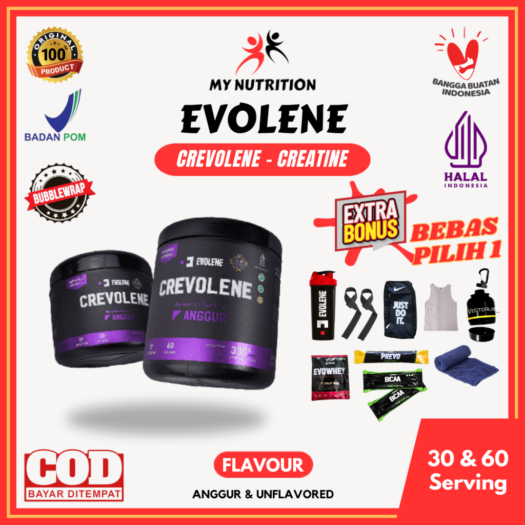 Jual Evolene CREVOLENE Creatine 30 & 60 Serving Bubuk Suplemen Fitness ...
