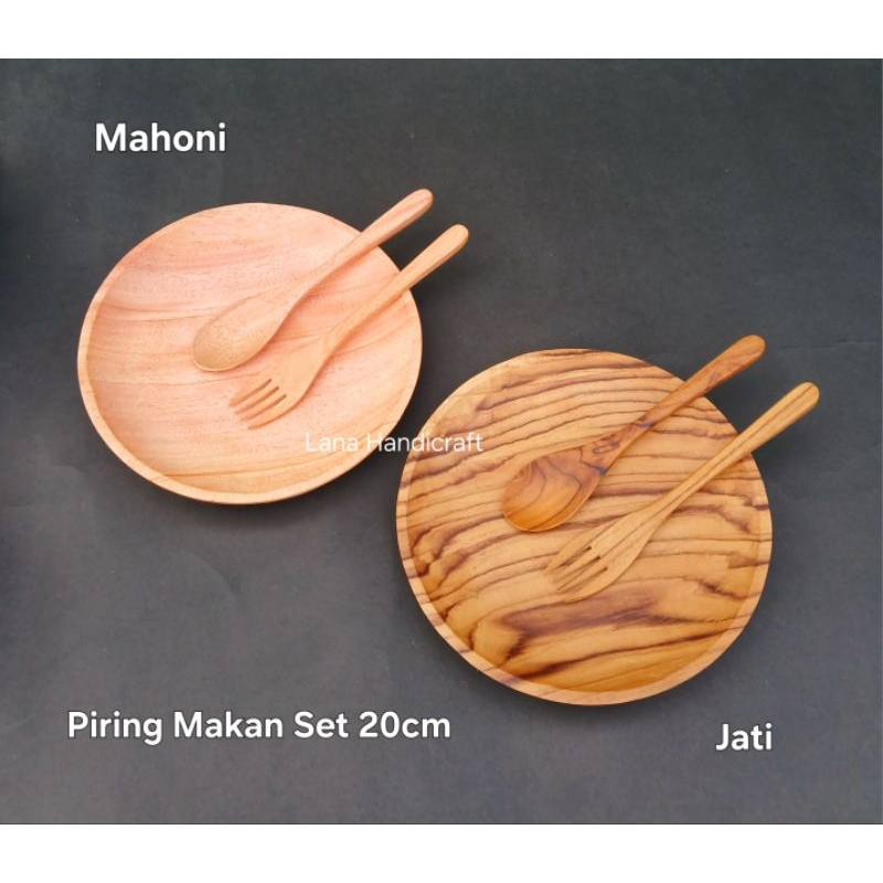 Jual piring kayu/piring makan/piring liuk 20cm set sendok garpu kayu ...