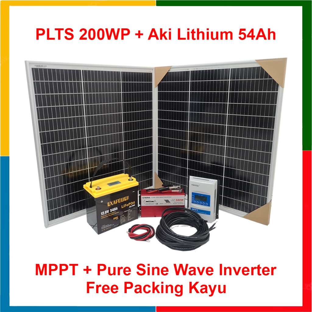 Jual Paket PLTS 200WP + Aki LITHIUM 54Ah + MPPT + PSW INVERTER 500W ...