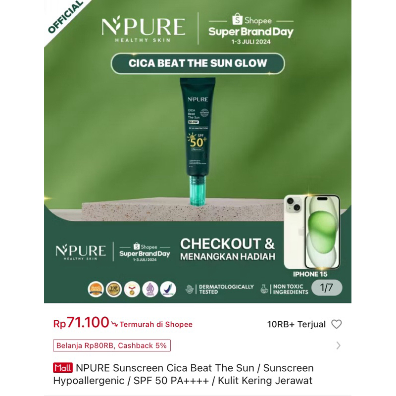 Jual NPURE Sunscreen Cica Beat The Sun / Sunscreen Hypoallergenic / SPF ...