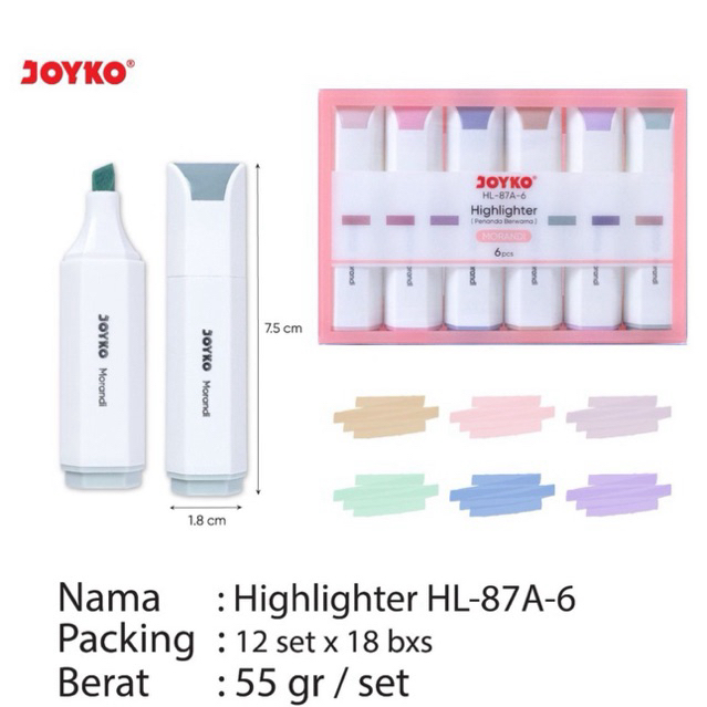 Jual ( 1 set = 6 pcs ) HL87a Joyko Highlighter Warna Pastel HL-87A-6 ...