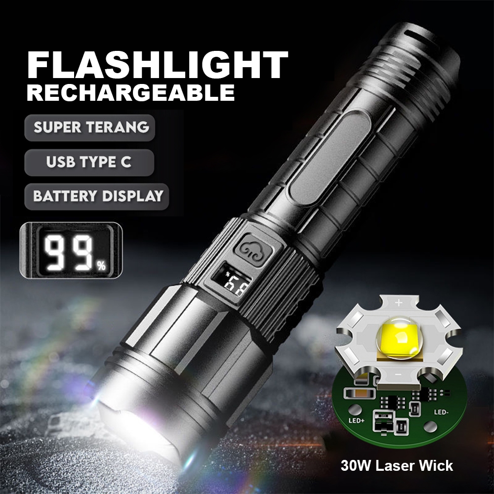 Jual Senter LED Super Terang Jarak Jauh 90000 lumens Zoomable Senter Tahan Lama Anti Air USB C ...