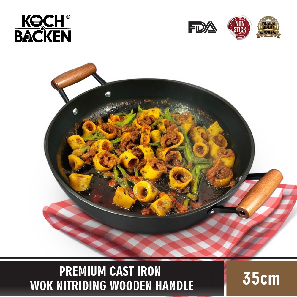 Jual KOCH&BACKEN Premium Cast Iron Wok Nitriding Wooden Handle 35cm ...