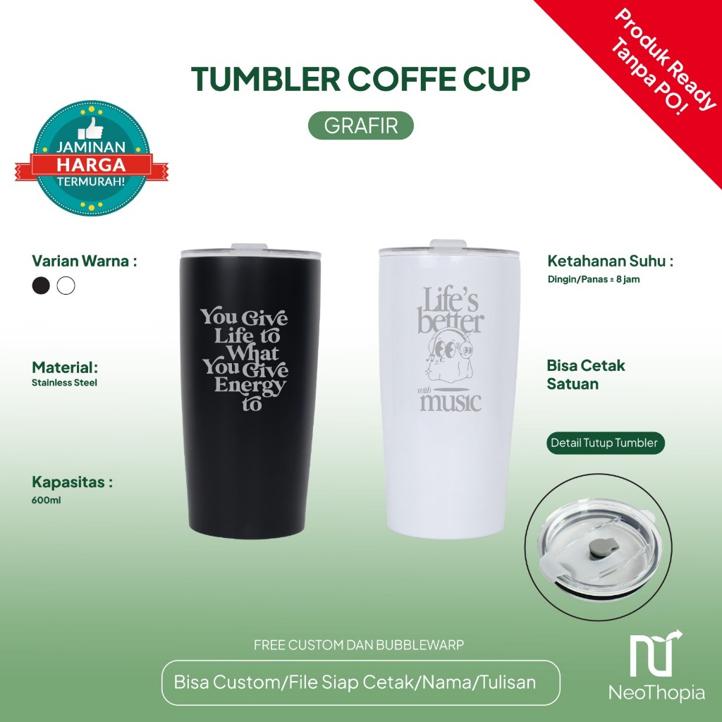 Jual (TANPA PO ) Tumbler Custom Coffee Cup Stainless 600ml Laser Grafir ...