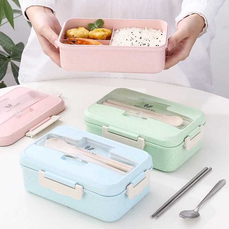 Jual Lunch Box Set Kotak Bekal Makan Jerami Gandum kotak makan Anti Tumpah Free Sendok dan Garpu ...