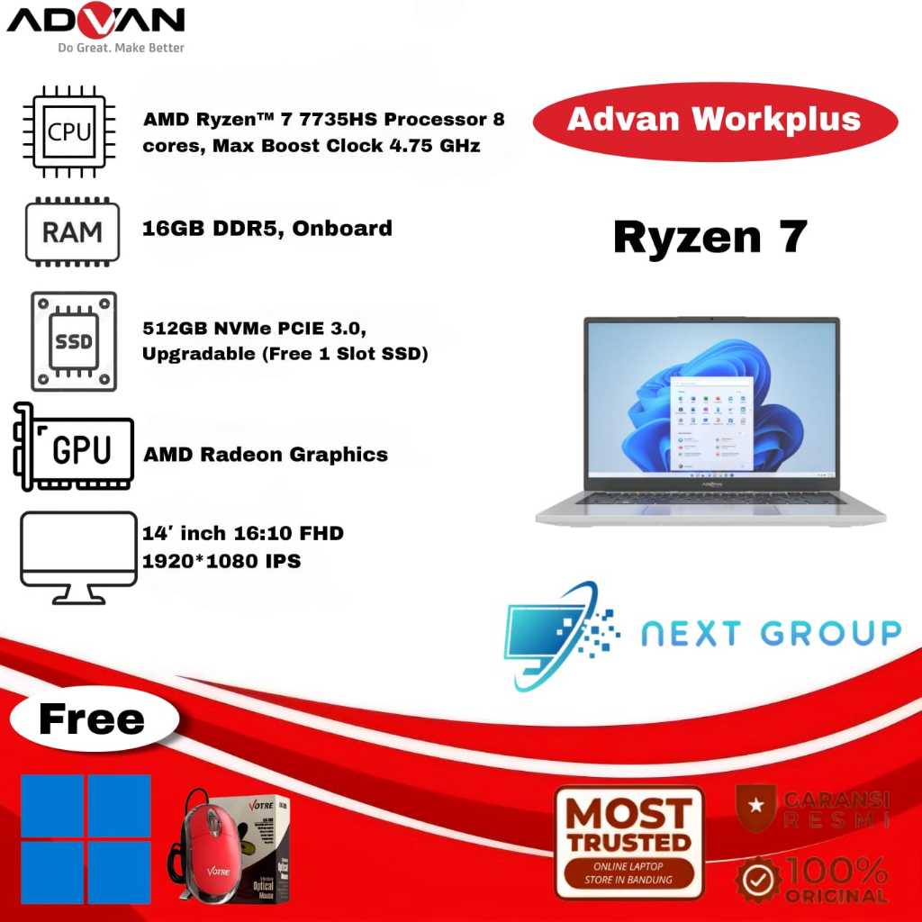 Jual ADVAN Workplus AMD RYZEN 7 7735HS 16GB 512GB 14'' FHD IPS Win 11 | Shopee Indonesia